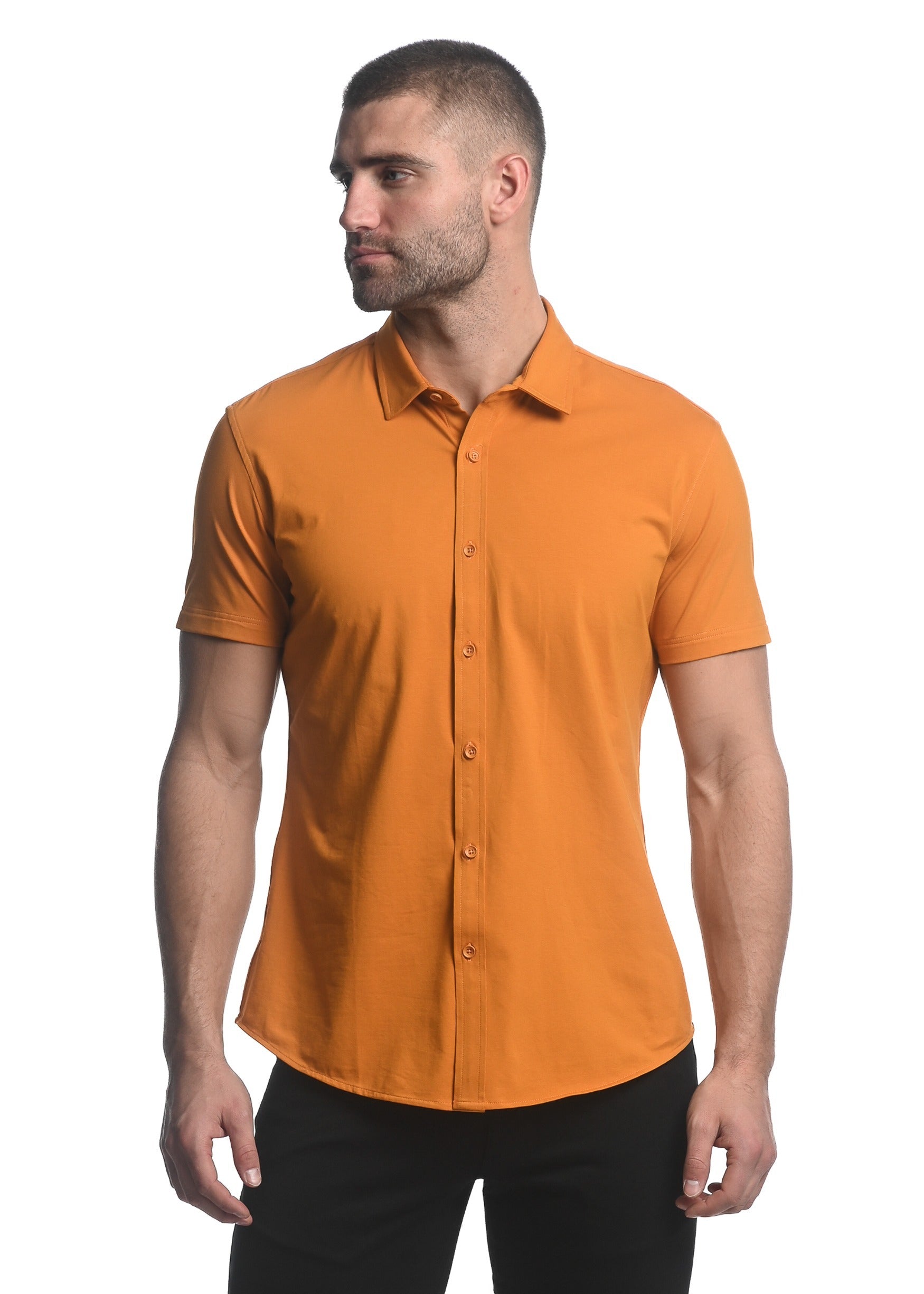 Turmeric Solid Stretch Jersey Knit Short Sleeve Shirt