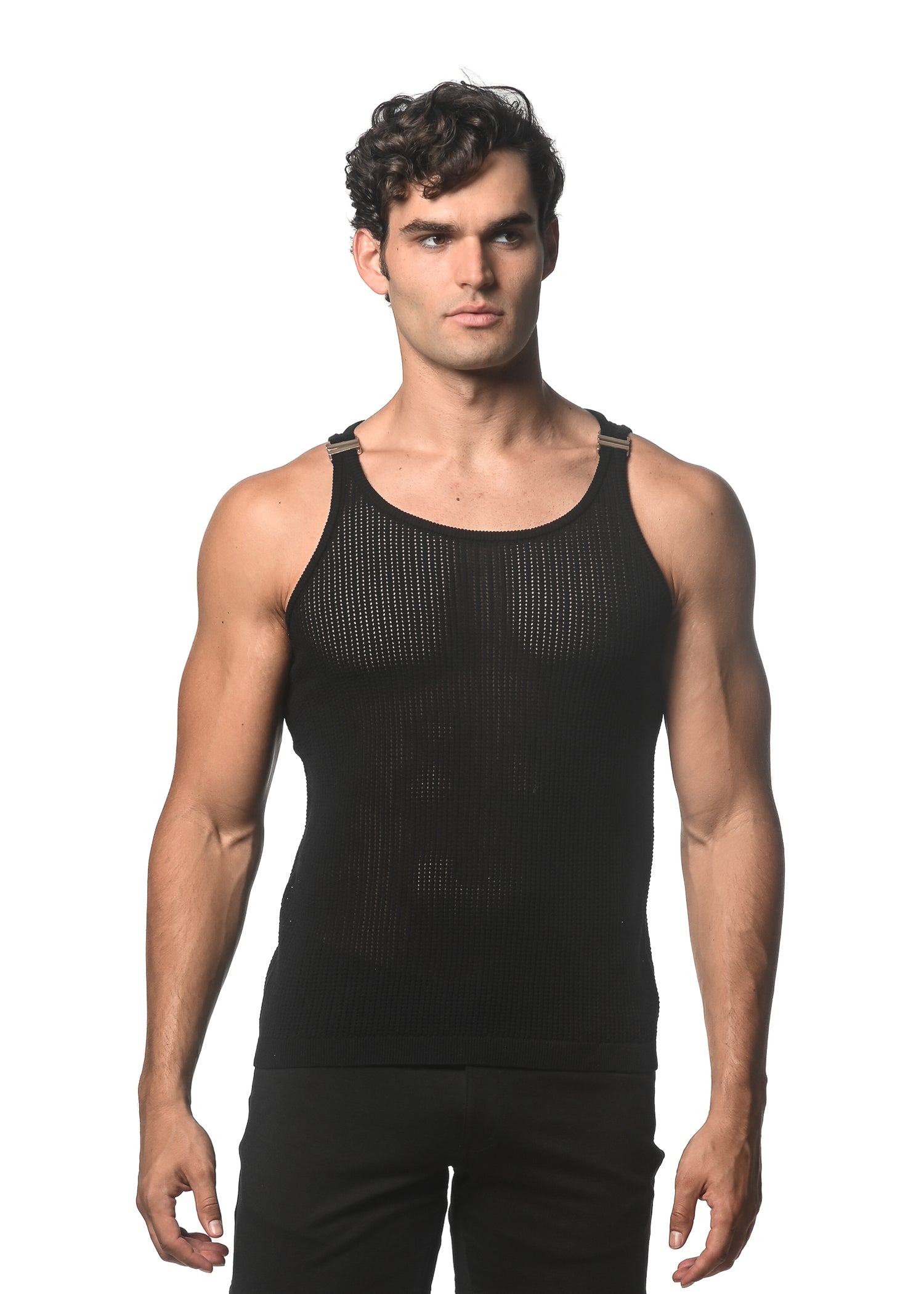 BLACK TEXTURED OPEN MESH KNITTED TANK WITH METAL CLIPS ST-24033