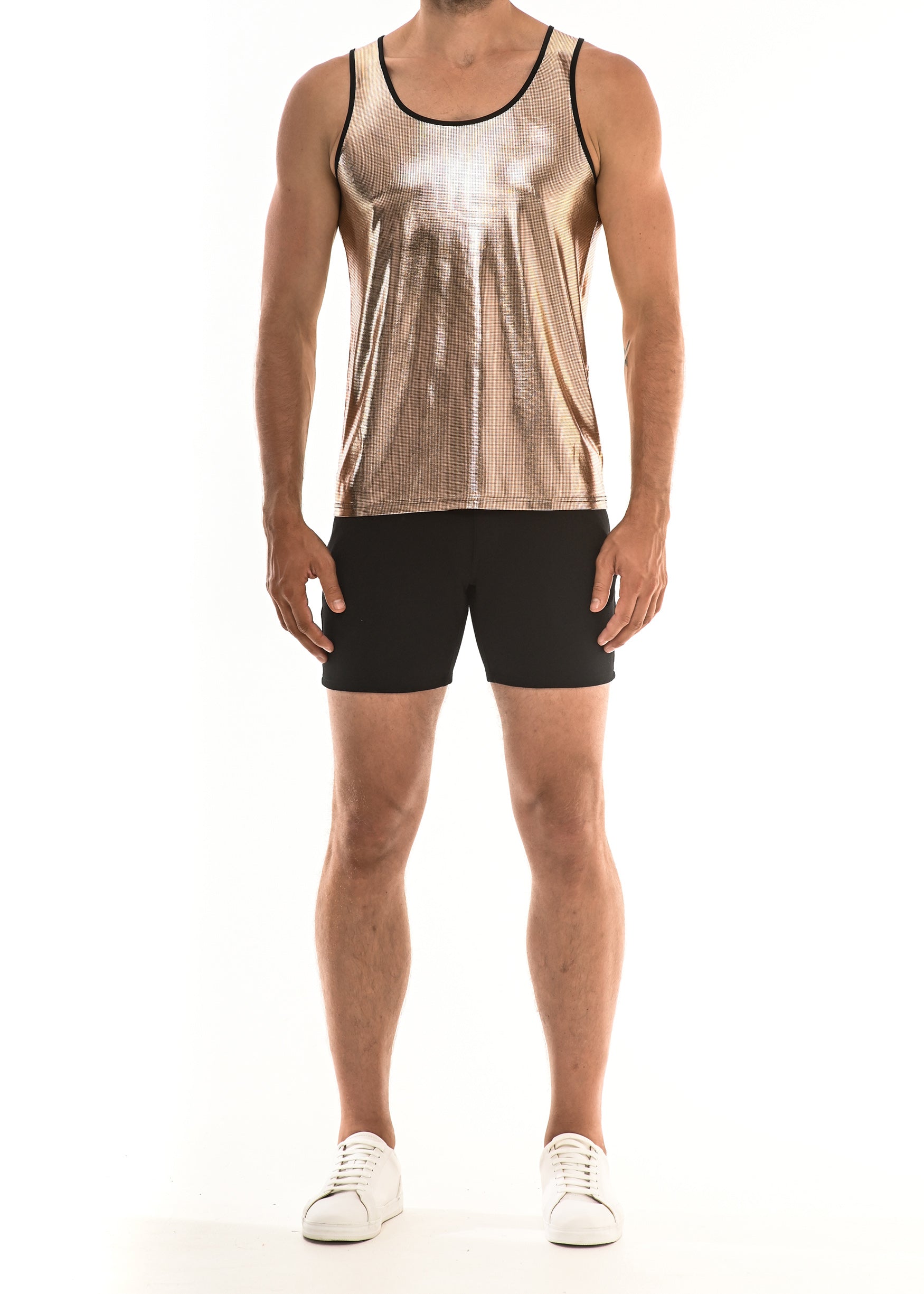 CHAMPAGNE GOLD LIQUID SQUARE DOTS METALLIC STRETCH TANK TOP ST-8903 Fi