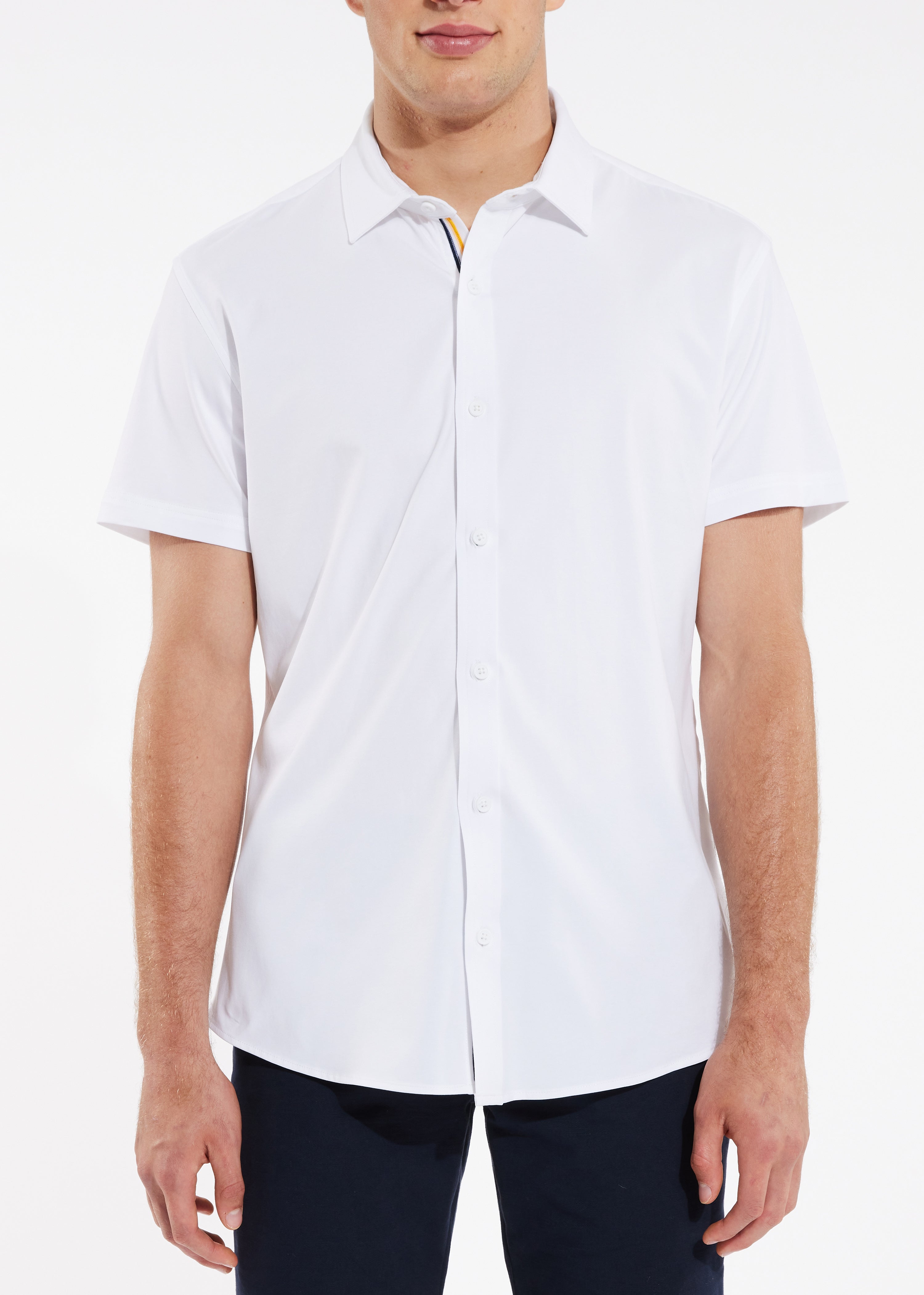 WHITE SOLID KNIT STRETCH SHORT SLEEVE SHIRT W/ PLACKET TAPE DETAIL ST-
