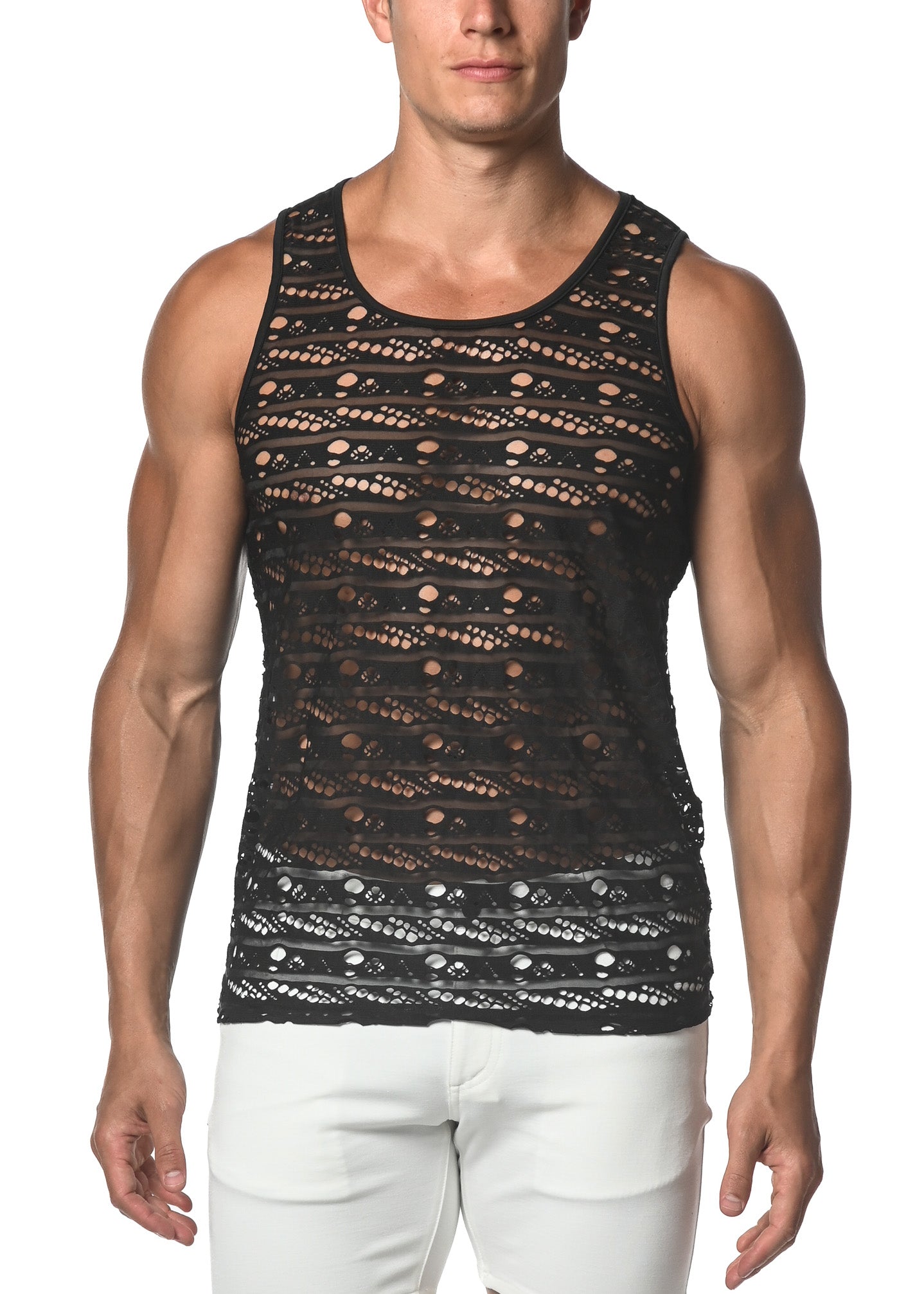 BLACK DASH DOT STRETCH GOSSAMER LACE TANK TOP ST-25001