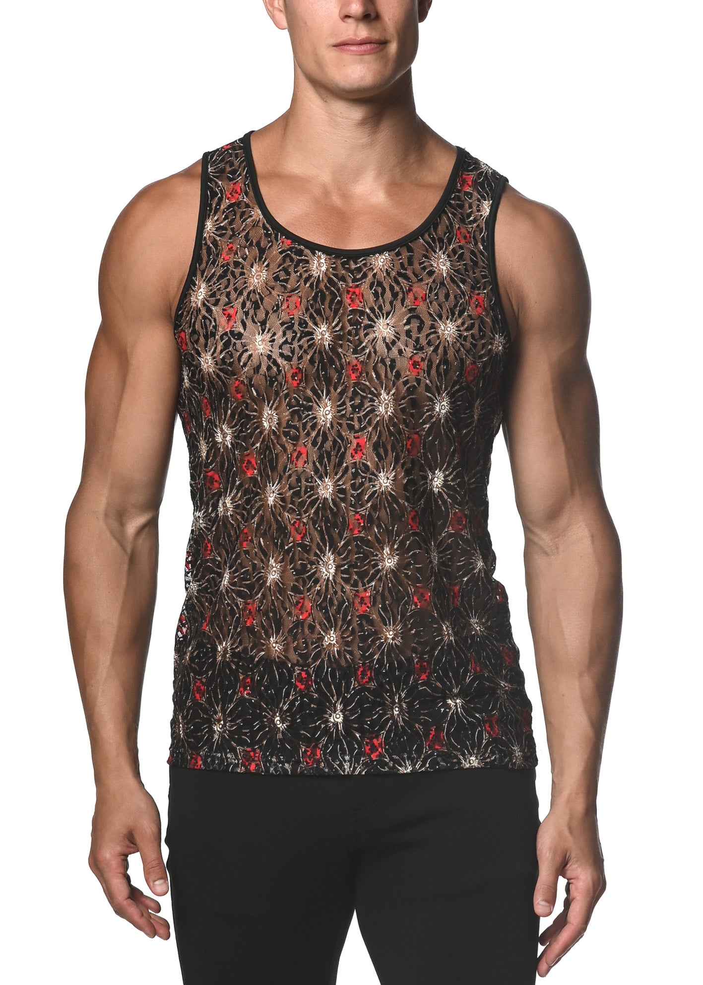 BLACK/GOLD BURST PRINTED STRETCH GOSSAMER LACE TANK TOP ST-25013