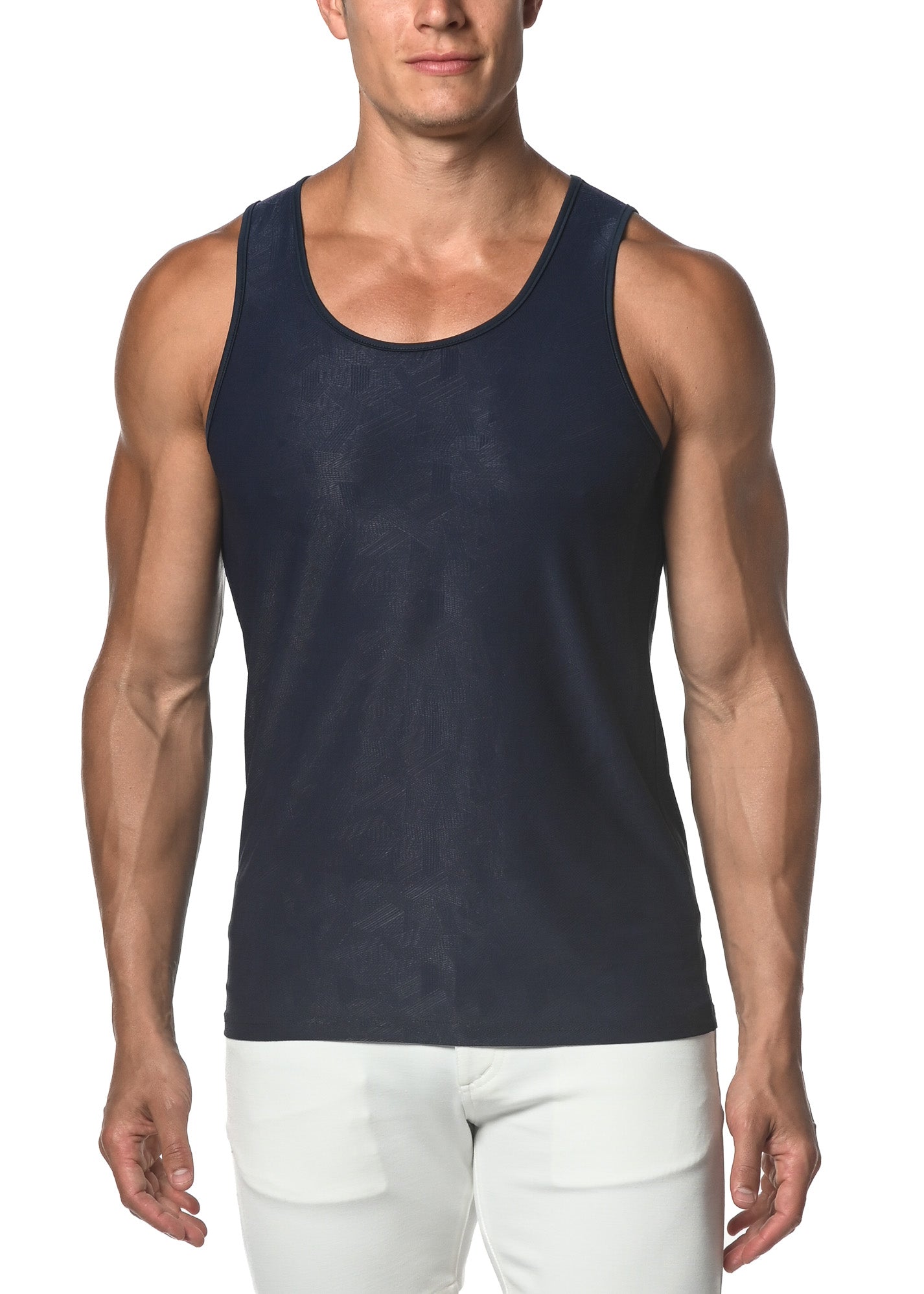 NAVY CROSSHATCH TEXTURED MESH STRETCH PERFORMANCE TANK TOP ST-273